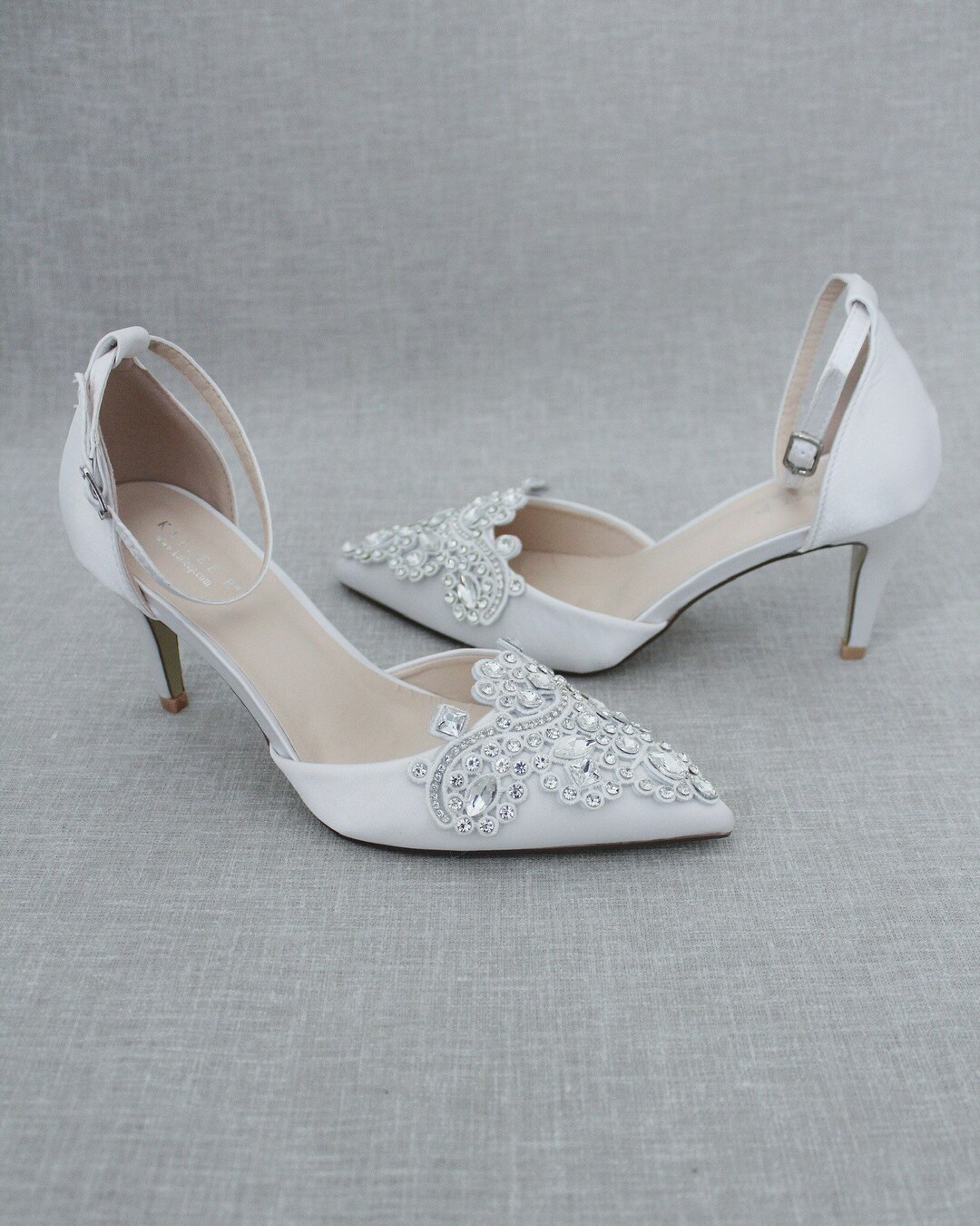 White Pointy Toe HEELS With Oversized Rhinestones Applique, Wedding ...