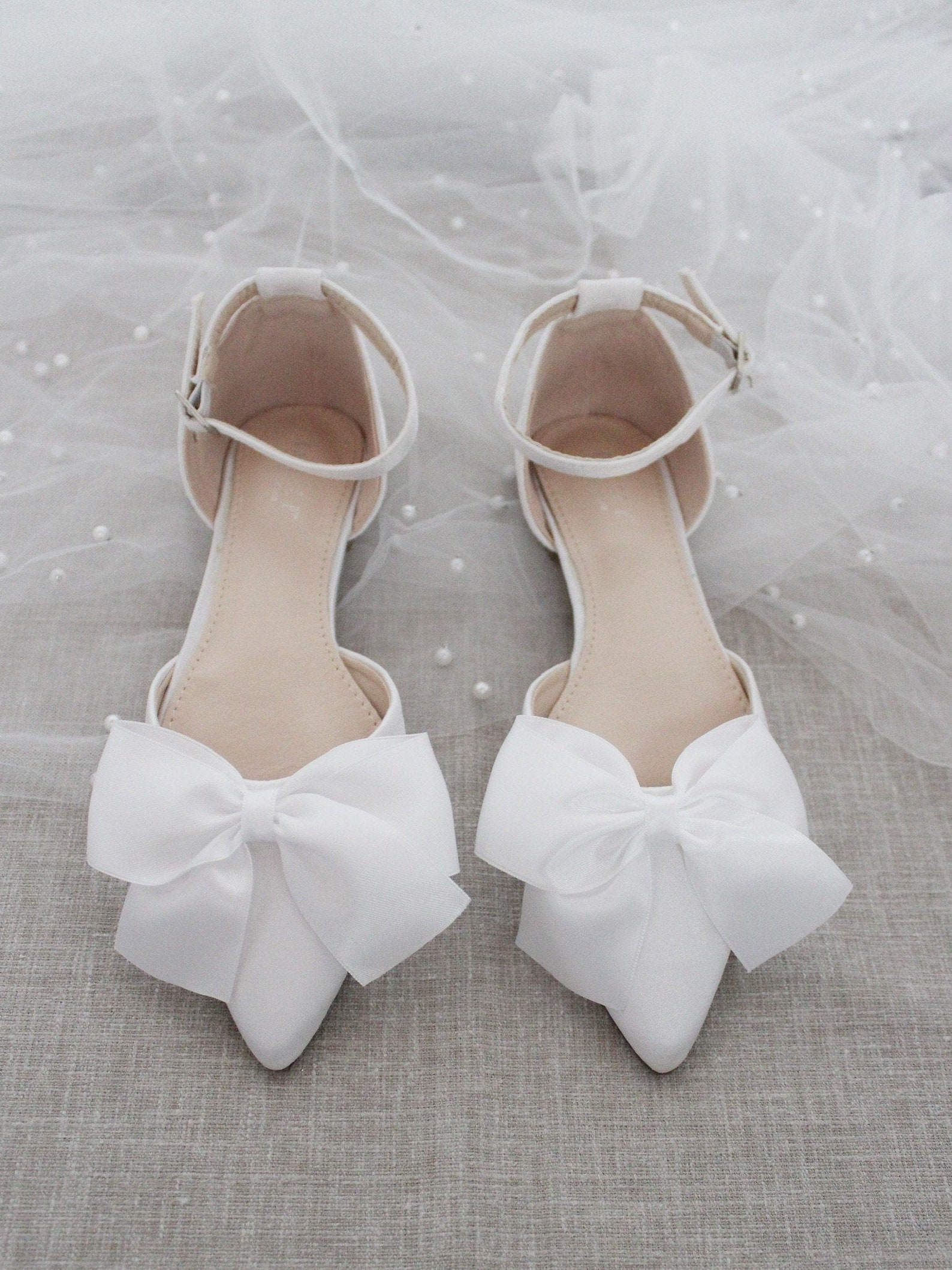 White Satin Pointy Toe Flats With Front Satin Bow Wedding - Etsy