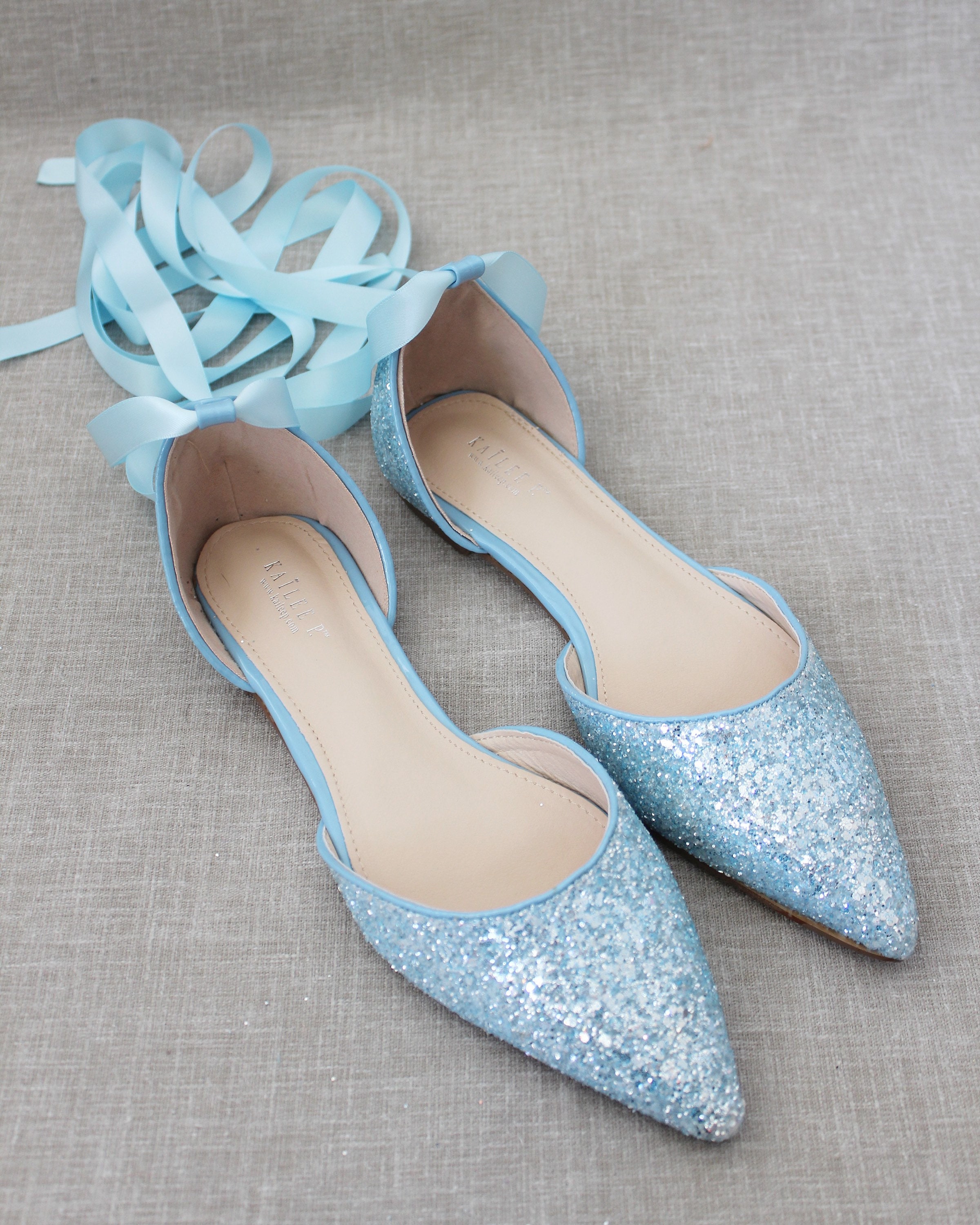 Light Blue Rock Glitter Pointy Toe Flats With Satin ANKLE TIE | Etsy