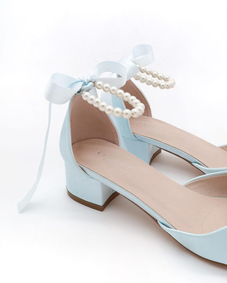 Light Blue Round Toe Satin Block Heel With All Pearls Ankle Strap ...