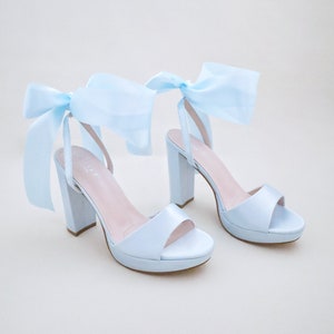 Light Blue Satin Platform Block Heel Wedding Sandals With Wrapped Ankle ...