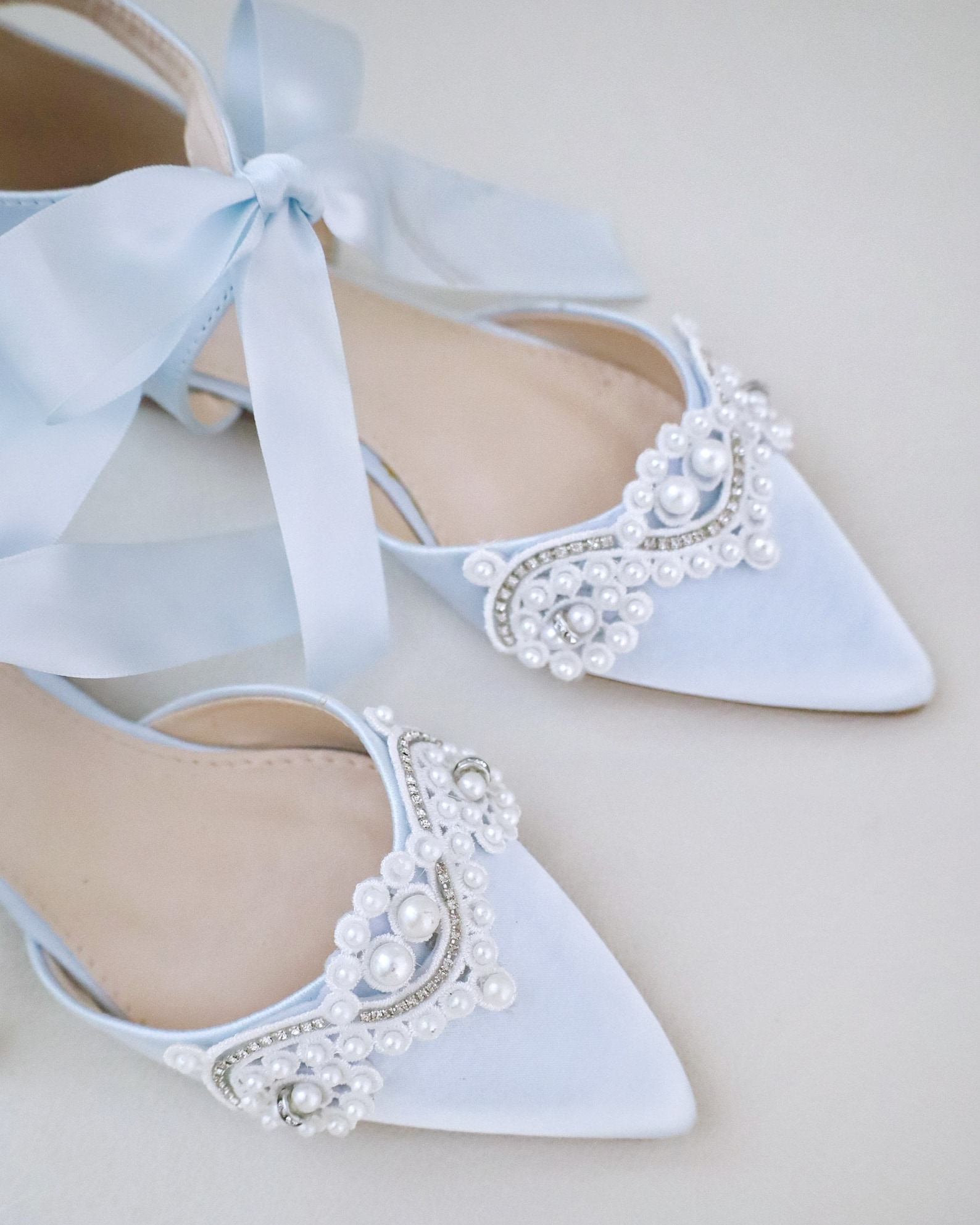 Light Blue Satin Pointy Toe Flats With SMALL PEARLS APPLIQUE and Satin ...