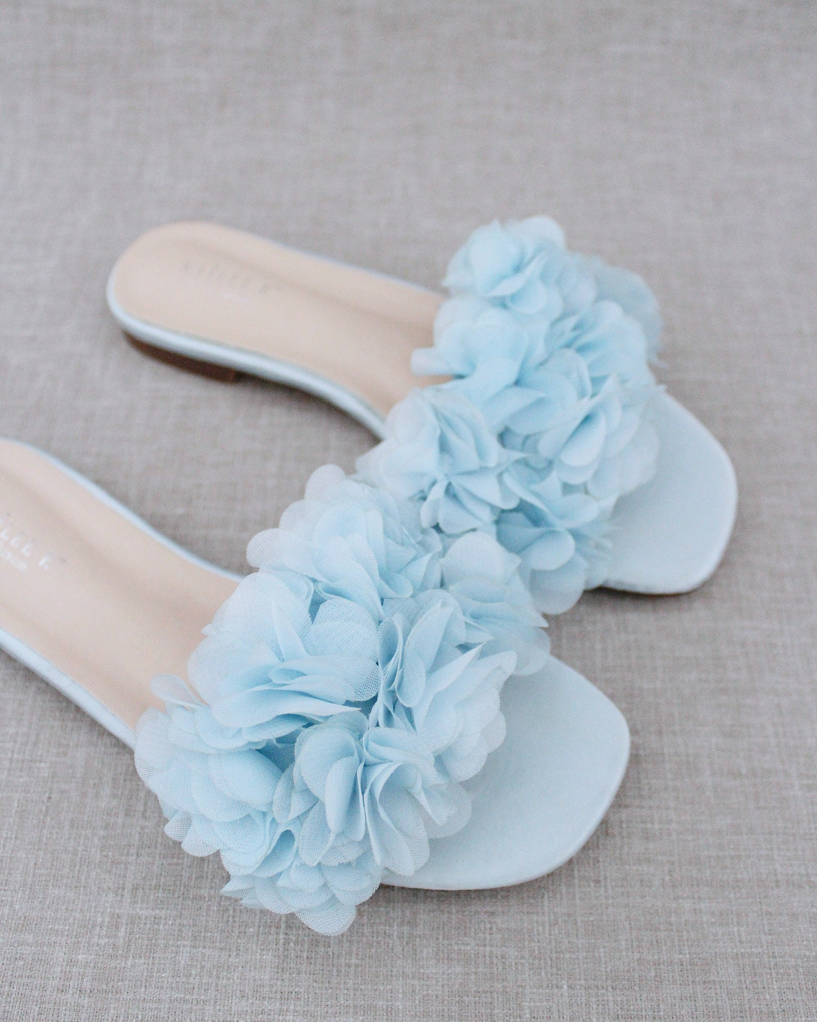 Light Blue Satin Slip on Sandals With Chiffon Flowers - Bridal Sandals ...