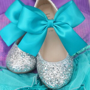 PRINCESS ARIEL SHOES Silver Rock Glitter Mary-jane With Teal Satin ...