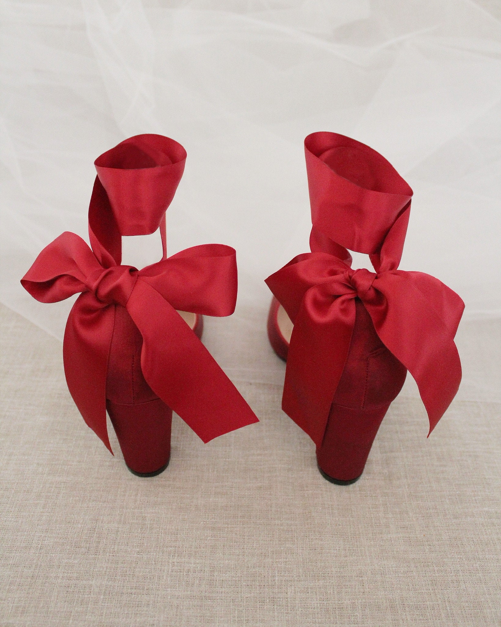 Burgundy Satin Block Heel With Wrapped Satin Tie Women | Etsy