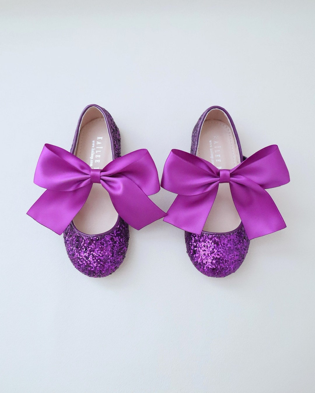 Plum Rock Glitter Maryjane Flats With Violet Satin Bow, for Flower ...