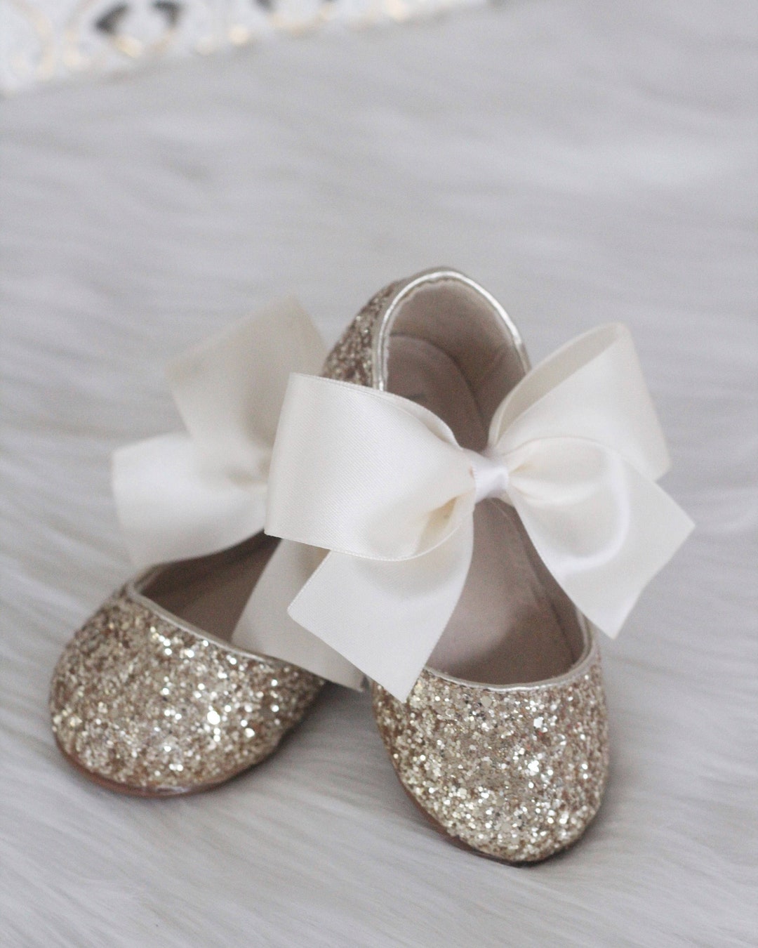 Gold Rock Glitter Maryjane With IVORY SATIN Bow for Flower Girls ...
