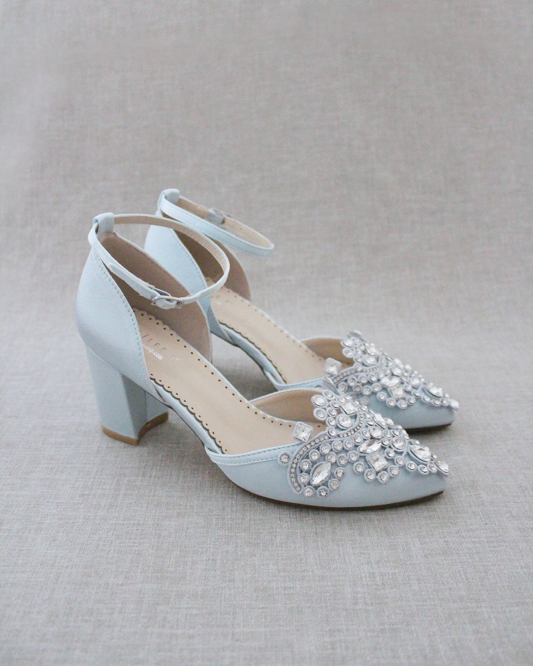 Light Blue Satin Block Heel With Rhinestones Applique - Women Wedding ...