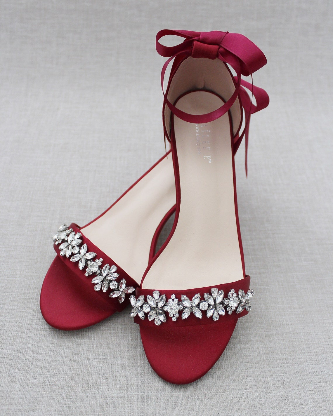 Burgundy Satin Block Heel Sandal with FLORAL RHINESTONES Upper | Etsy