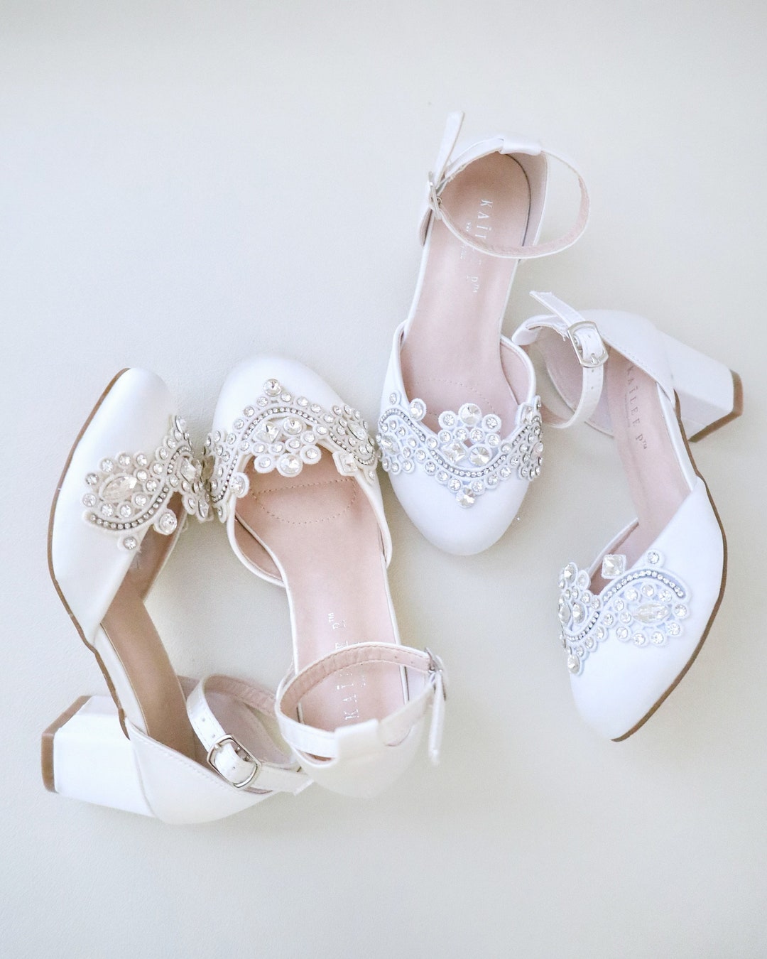 Girls Satin Block Heel With Small Rhinestones Applique, Flower Girls ...