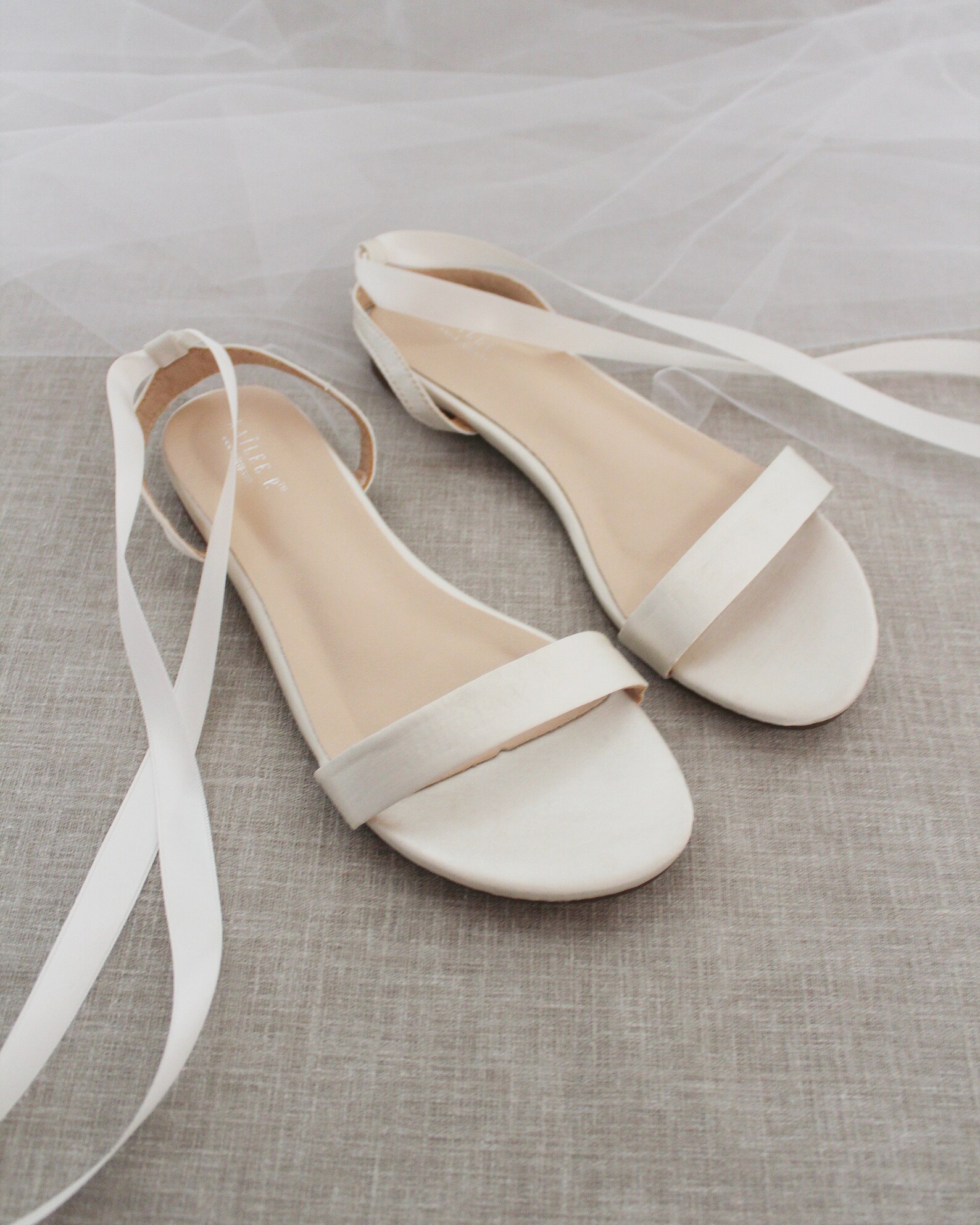 Ivory Satin Flat Sandal With Ballerina Lace Up, Bridesmaid Shoes, Women ...
