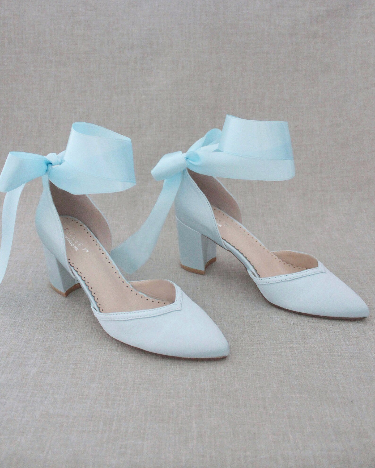 Light Blue Satin Almond Toe Block Heel With Wrapped Ribbon Tie - Etsy