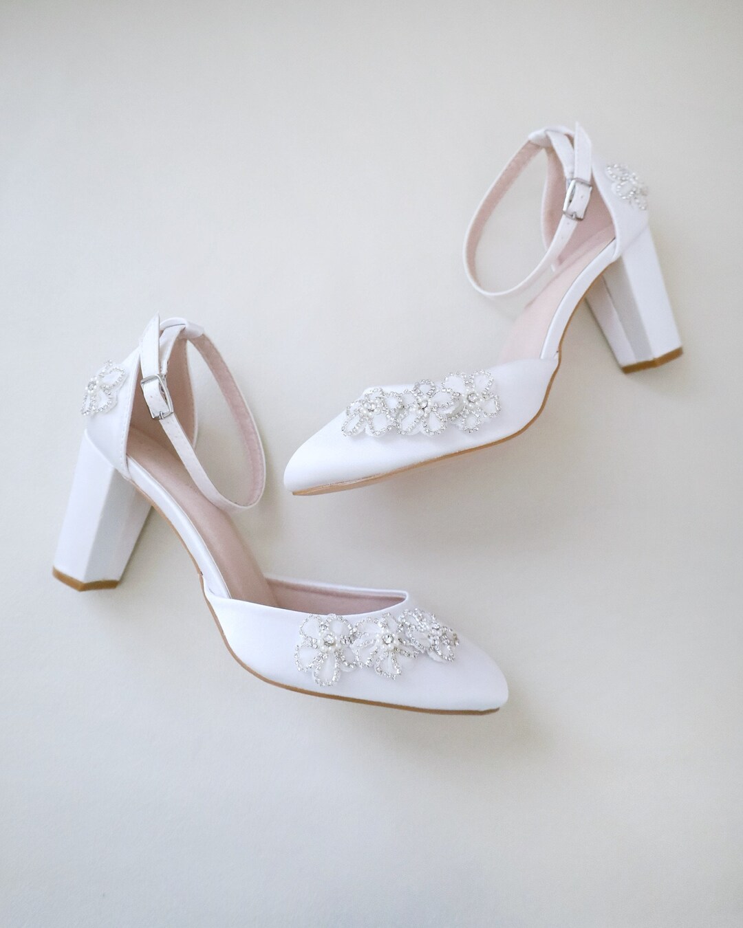 White Satin Wedding Block Heel With Rhinestones Chassia Flower, Women ...