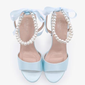 Light Blue Satin Platform Block Heel Wedding Sandals With Double Pearls ...