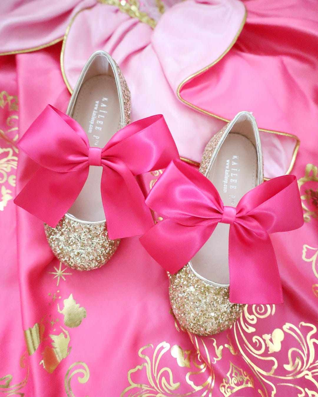 Gold Rock Glitter With Fuchsia Satin Bow, Girls Costume Shoes ...