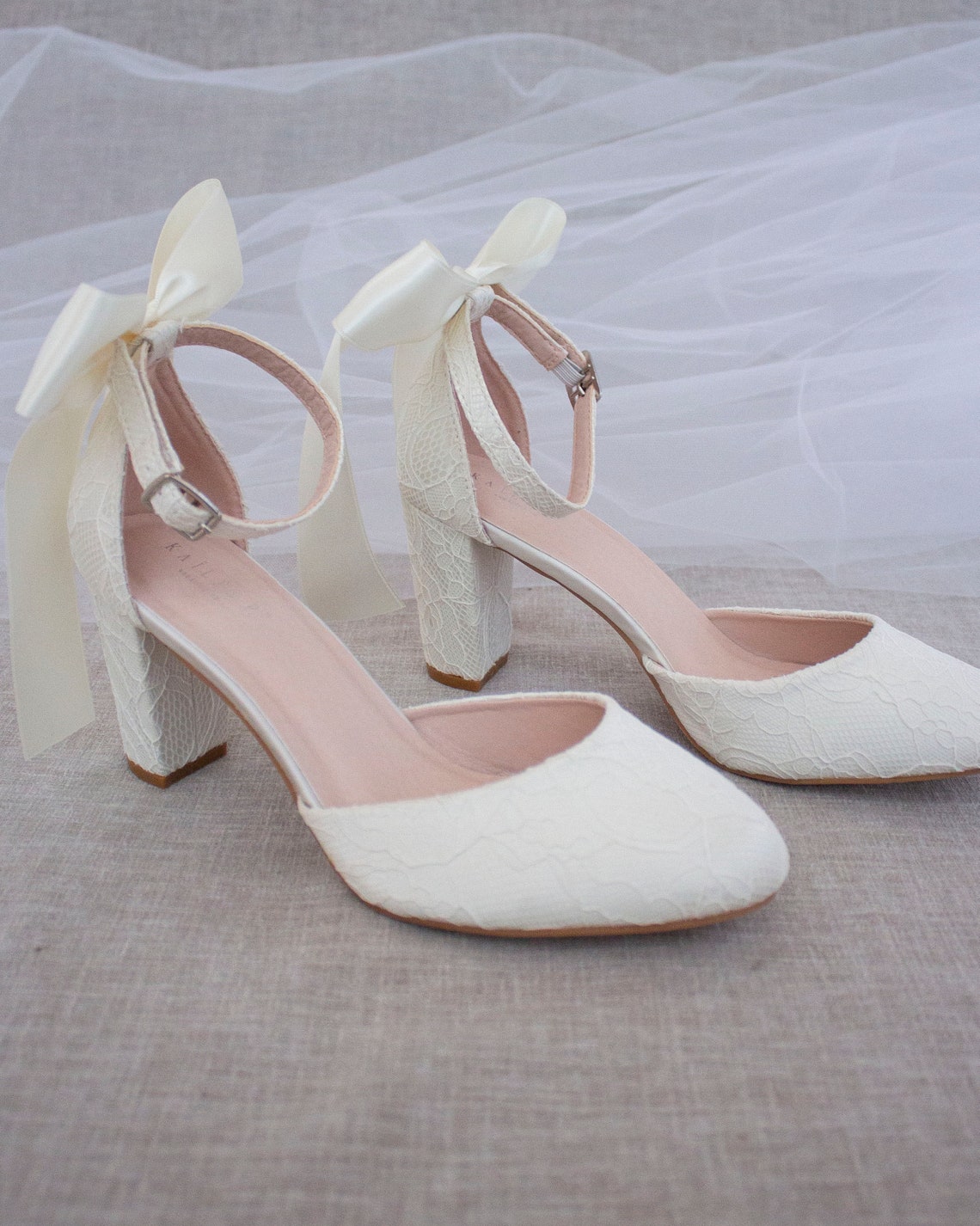 Ivory Lace Block Heel With SATIN BACK BOW Women Wedding | Etsy