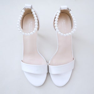 White Satin High Heel Wedding Sandals With Adjustable Pearl Strap ...