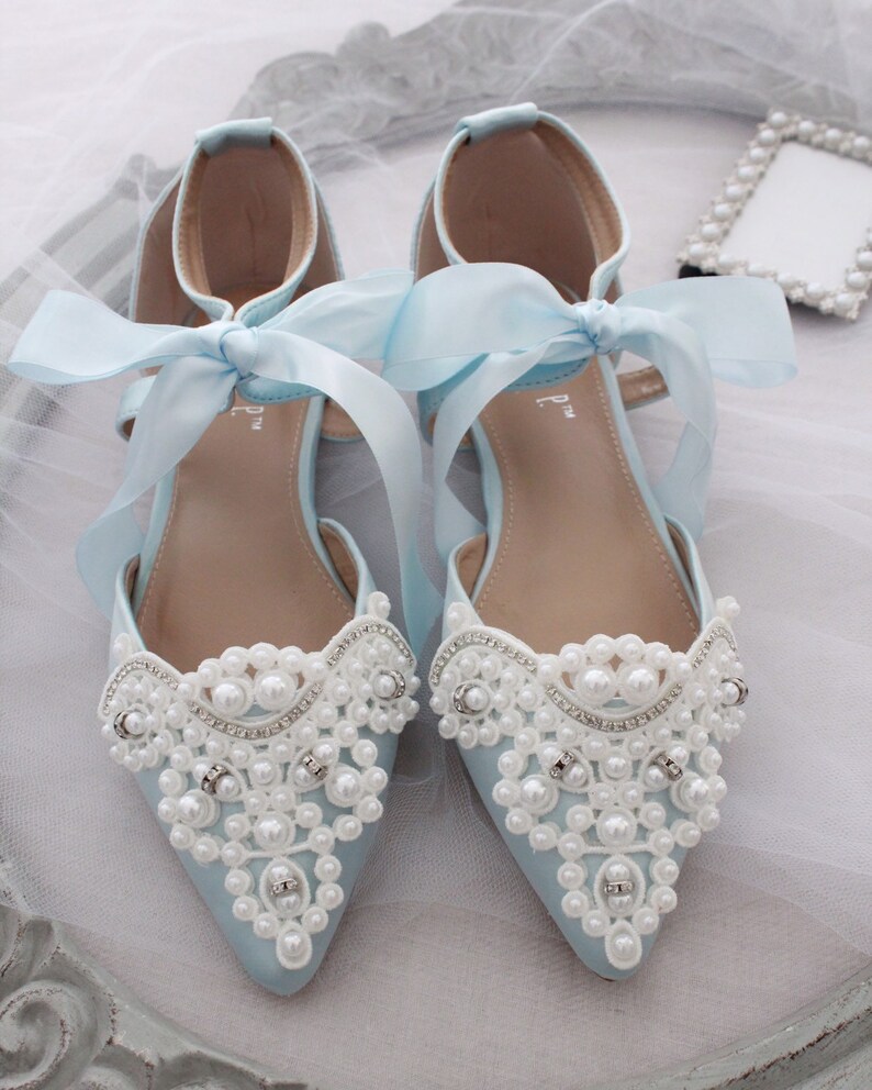 Light Blue Satin Pointy Toe Flats With OVERSIZED PEARLS | Etsy