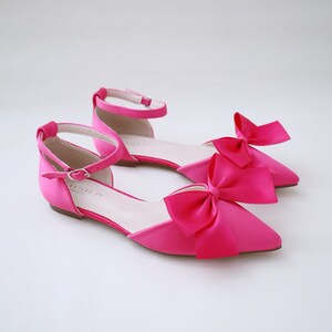 Fuchsia Satin Pointy Toe Flats With Front Satin Bow, Bridesmaids Shoes ...