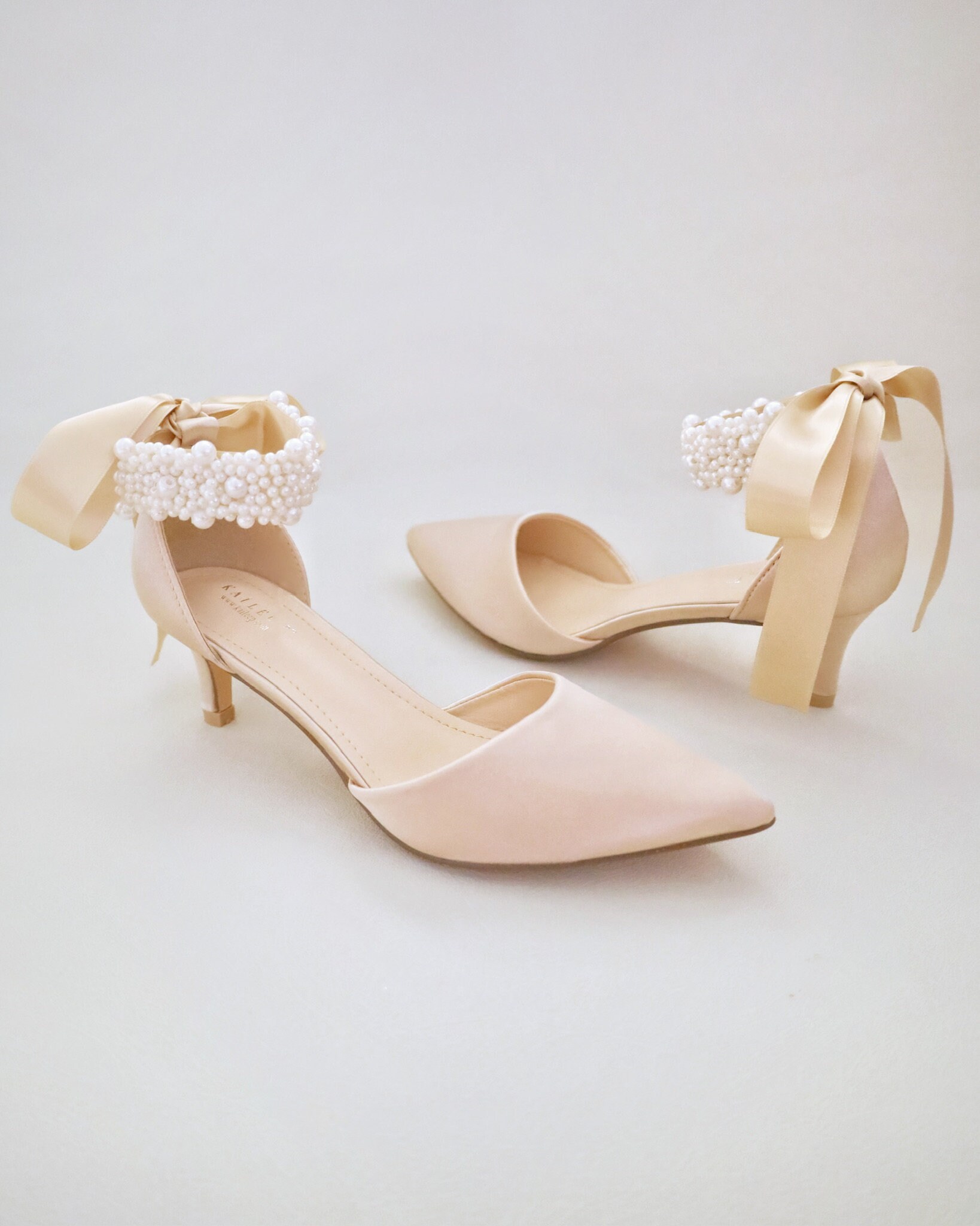 Champagne Satin Pointy Toe Low Heels With Perla Ankle Strap, Evening ...