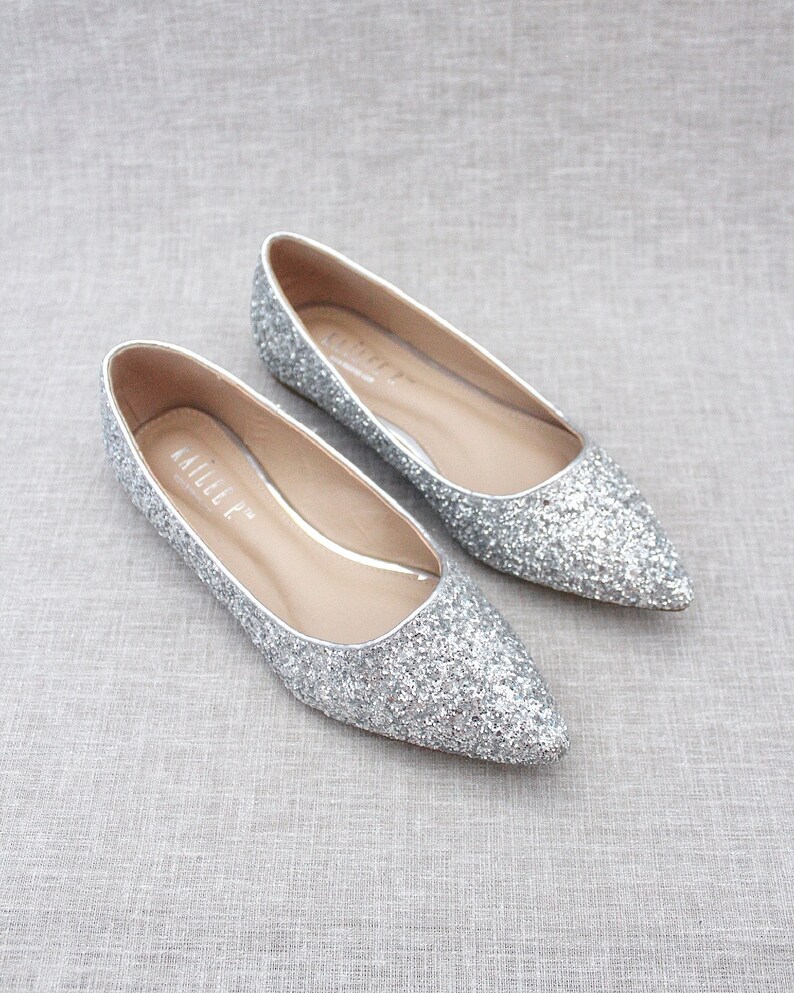 Silver Rock Glitter Pointy Toe Flats With Oversized SATIN BOW - Etsy