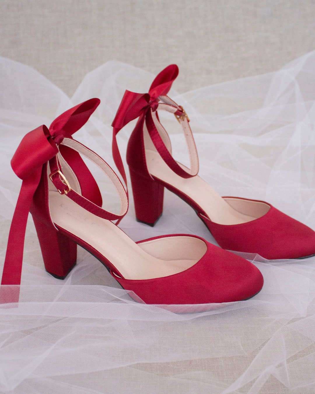 Burgundy Satin Block Heel With SATIN BACK BOW, Women Wedding Shoes ...