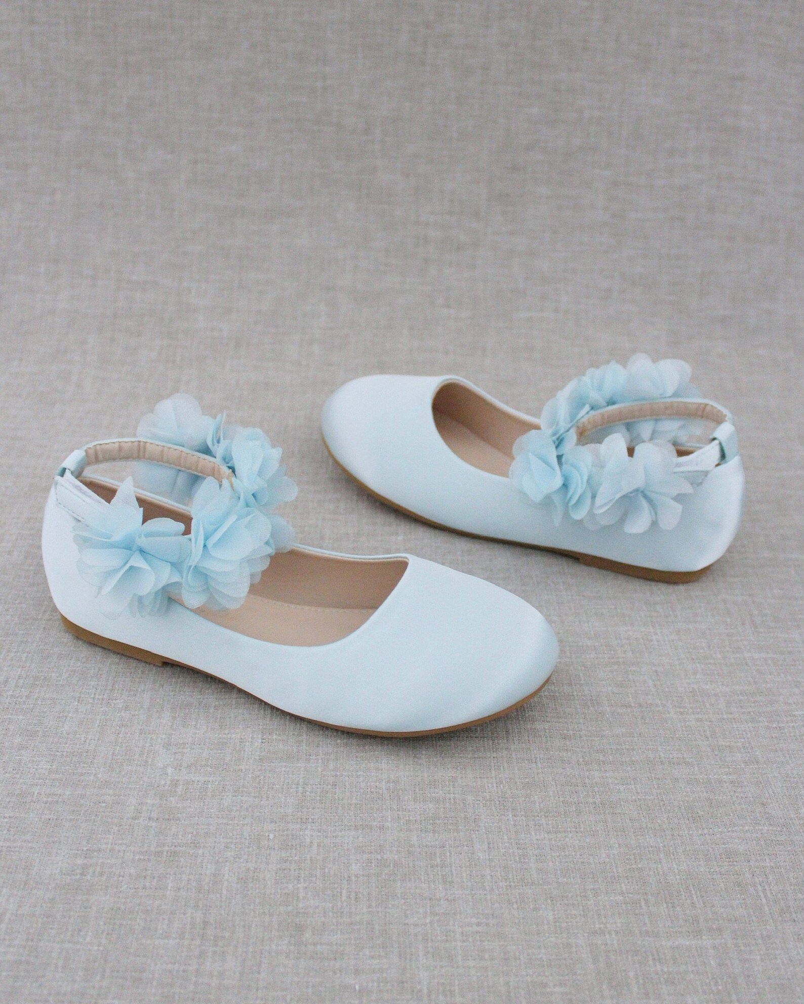 Light Blue Satin Flats With Chiffon Flowers Ankle Strap - Perfect for ...