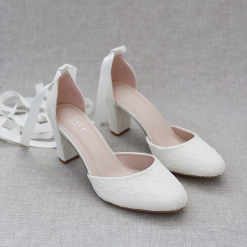 Ivory Lace Block Heel With SATIN BACK BOW Women Wedding - Etsy
