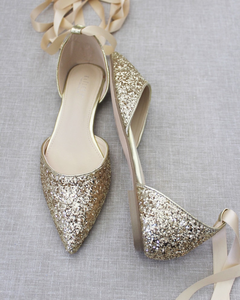 Gold Rock Glitter Pointy Toe Flats With Satin ANKLE TIE or BALLERINA ...