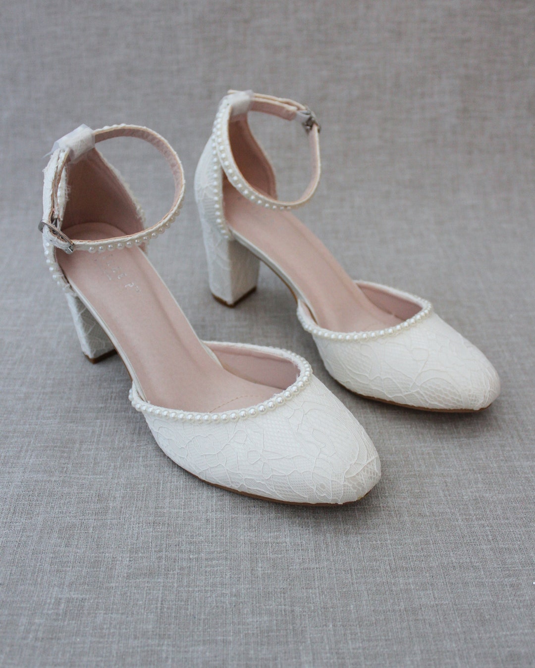 Ivory Lace Block Heel With MINI PEARLS, Women Wedding Shoes, Bridal ...