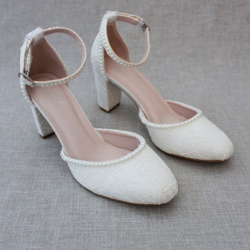 Ivory Lace Block Heel With SATIN BACK BOW Women Wedding - Etsy