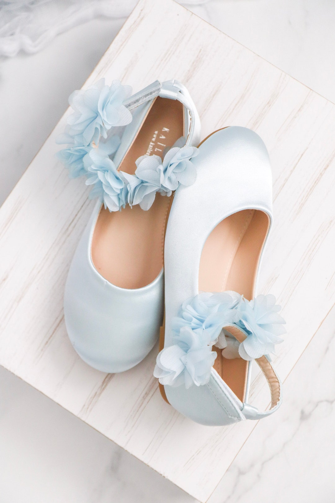 Light Blue Satin Flats With Chiffon Flowers Ankle Strap - Perfect for ...