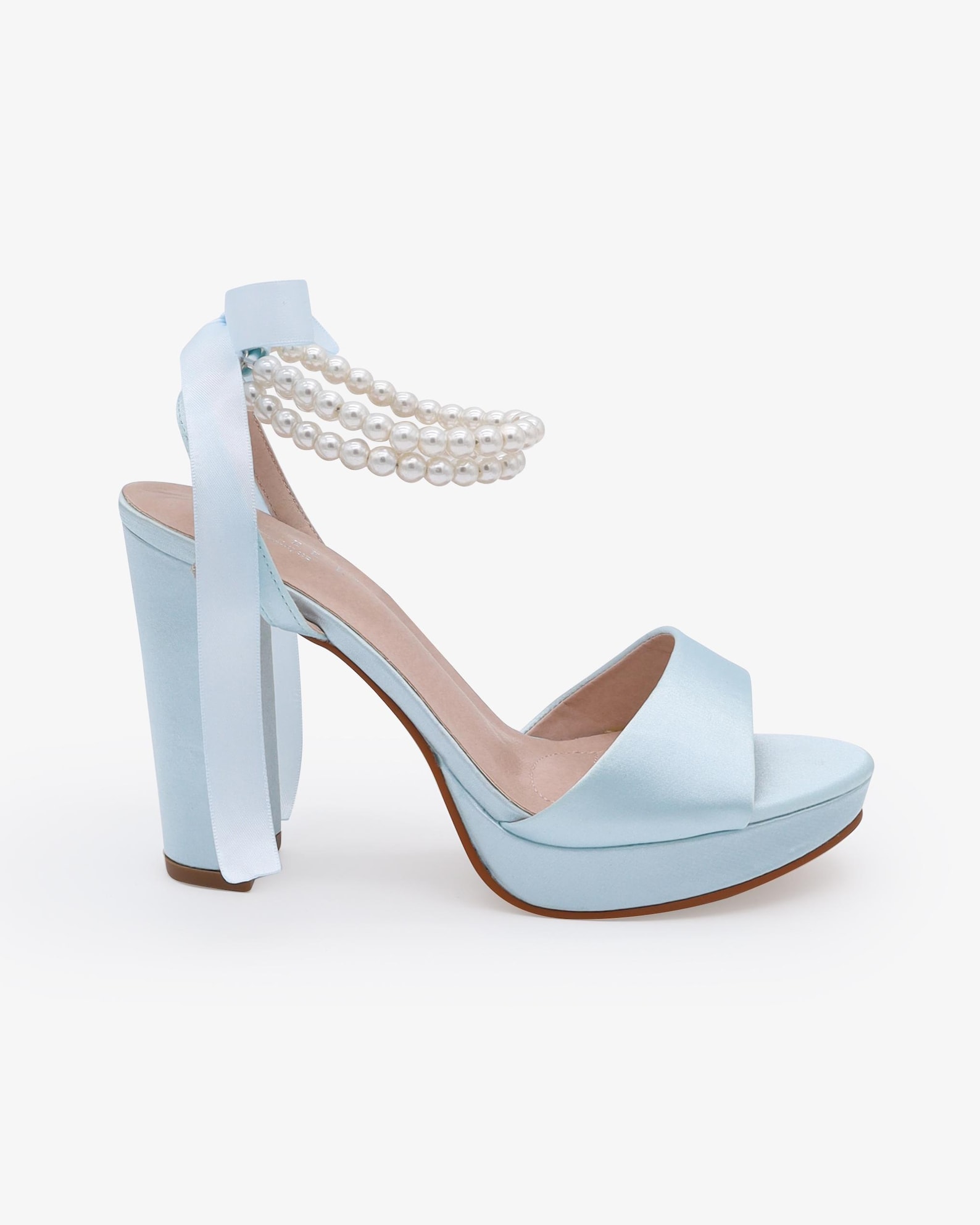 Light Blue Satin Platform Block Heel Wedding Sandals With Double Pearls ...