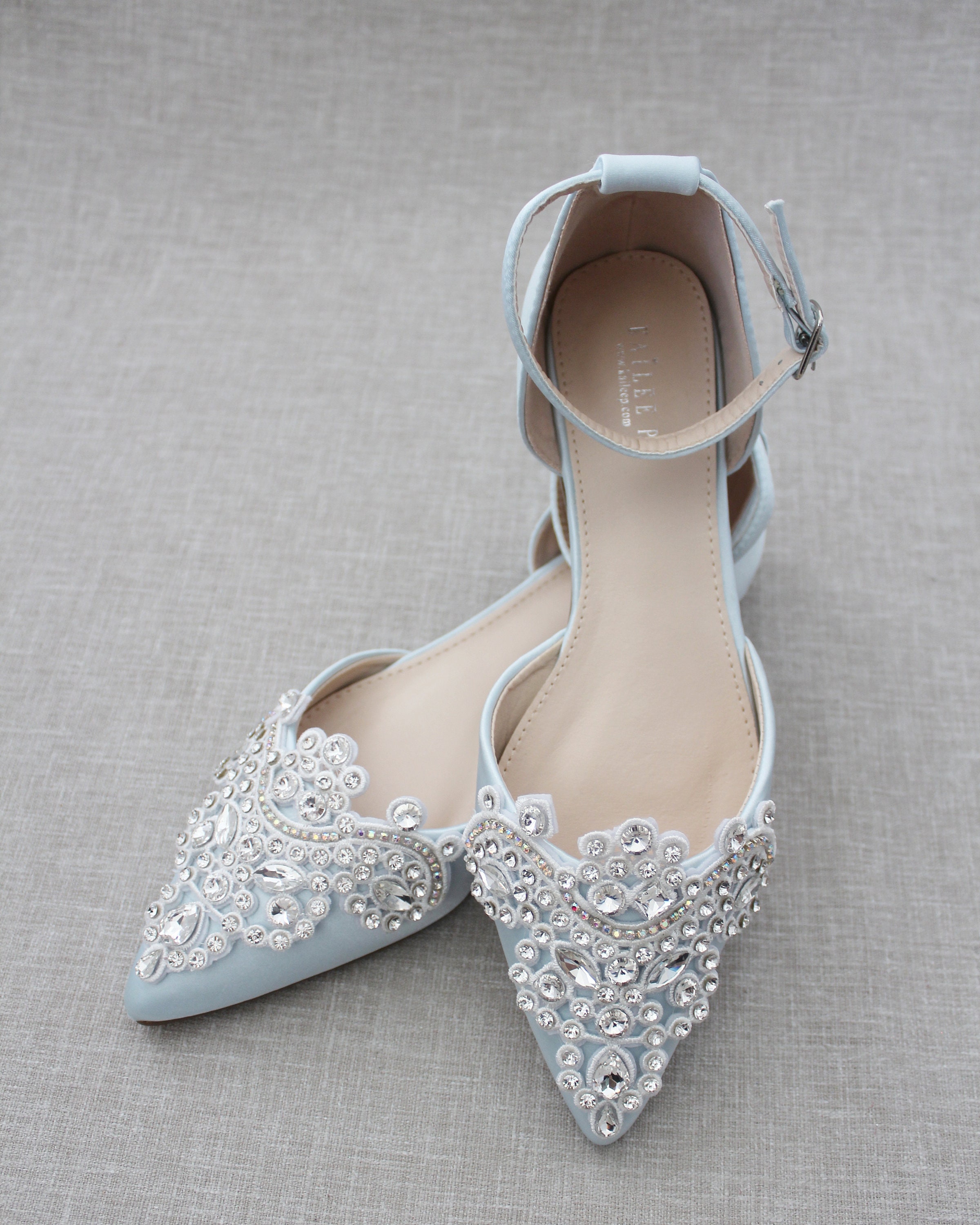 Light Blue Satin Pointy Toe Flats With Sparkly RHINESTONES | Etsy