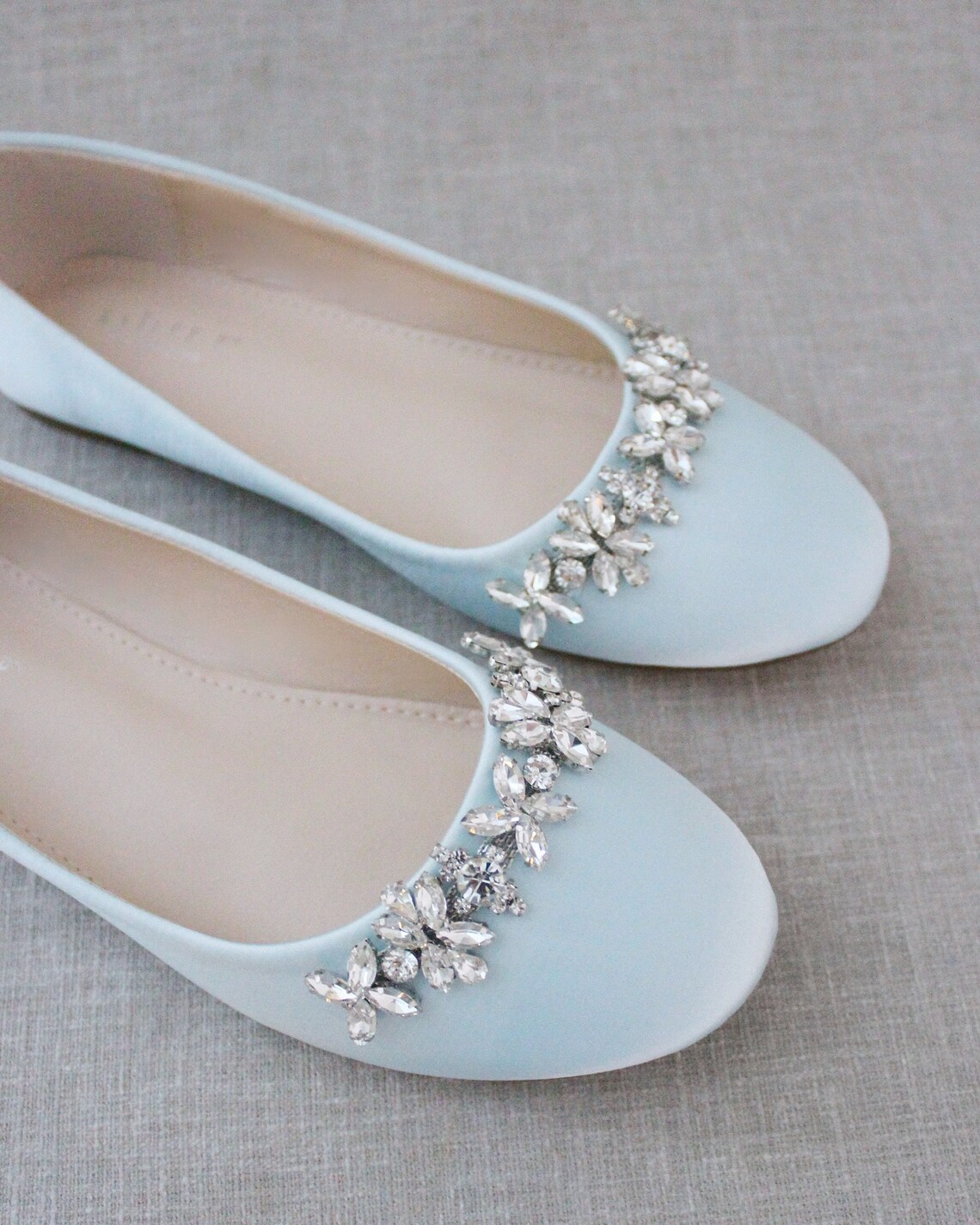 Light Blue Satin Round Toe Flats With FLORAL RHINESTONES - Etsy