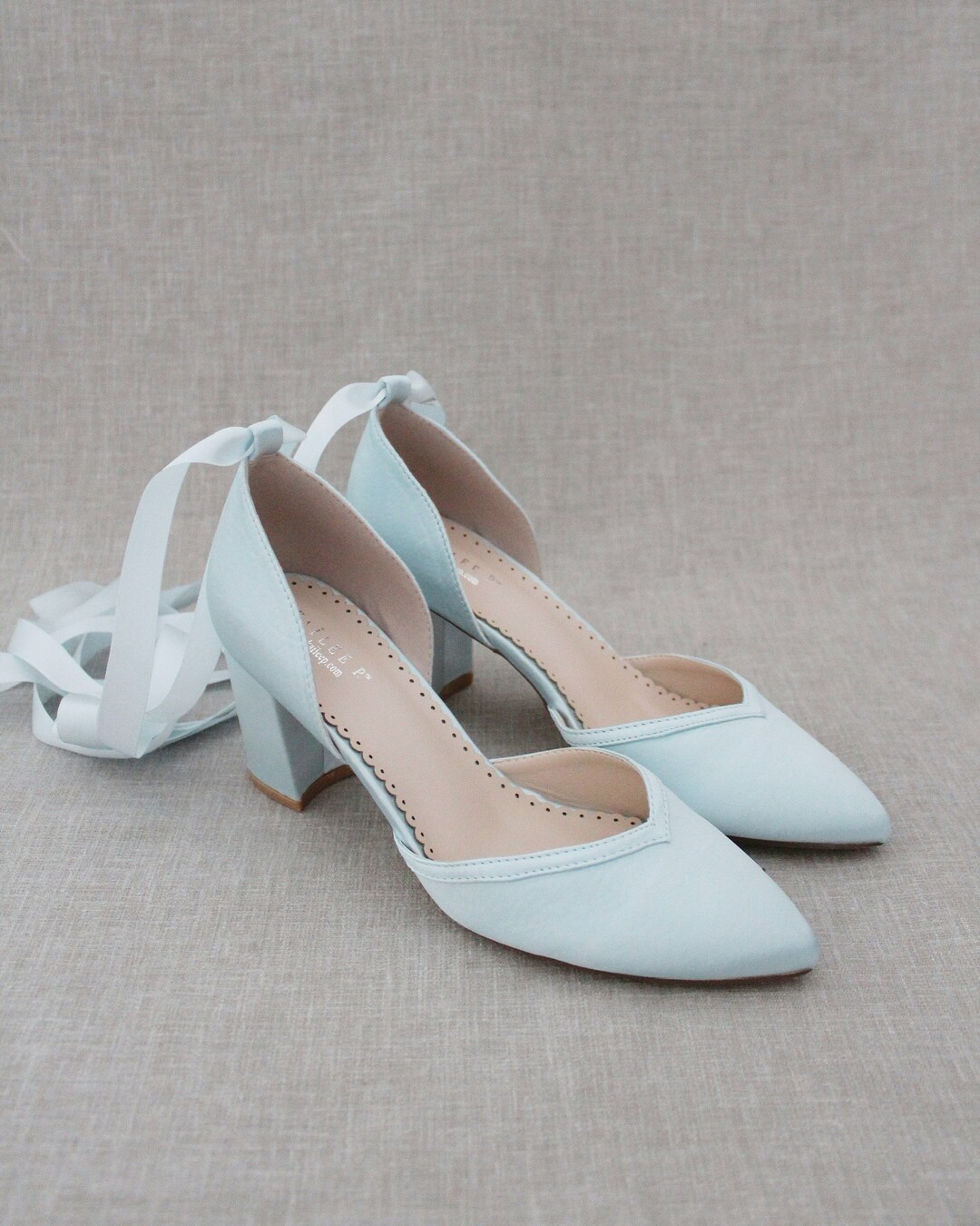 Light Blue Satin Almond Toe Wedding Block Heel With Ballerina Lace Ups ...
