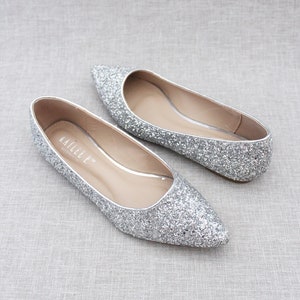 Silver Rock Glitter Pointy Toe Flats With Oversized SATIN BOW, Women ...