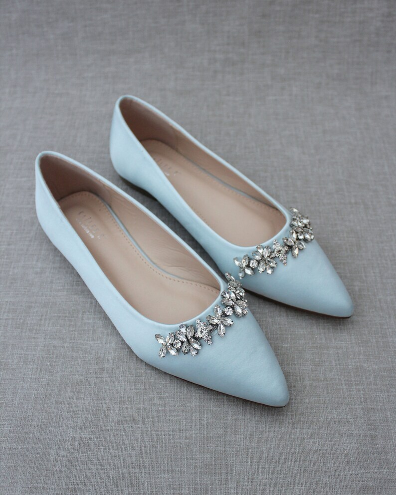 Light Blue Satin Pointy Toe Flats With FLORAL RHINESTONES ...