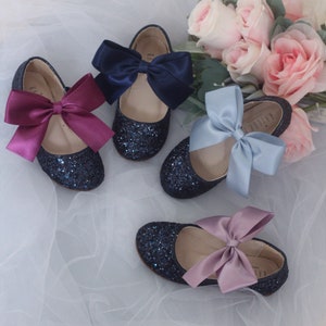 NAVY BLUE Rock Glitter Mary-jane With Satin Bow - Flower Girls Shoes ...