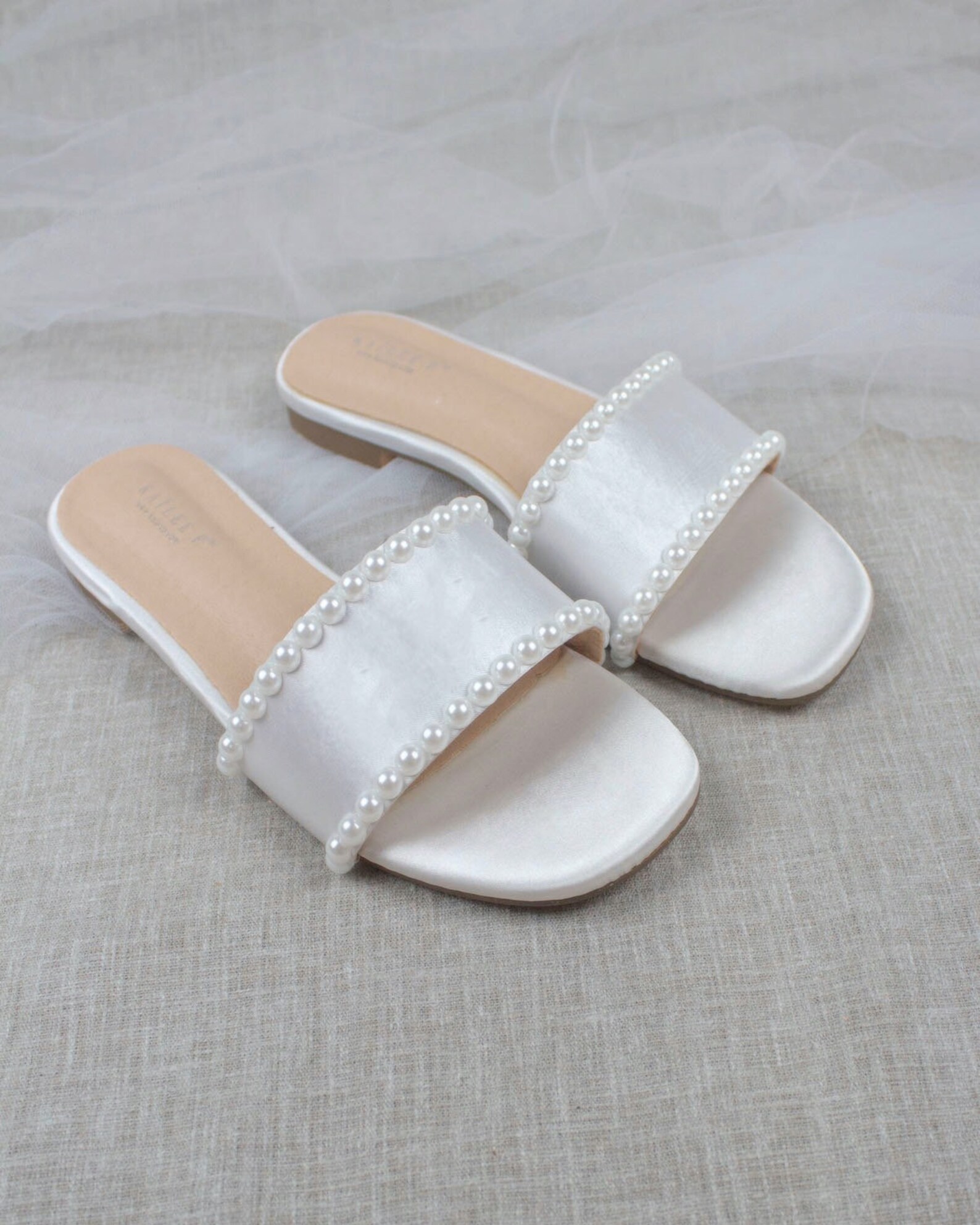 White Satin Slip on Sandals With Pearls, Bridal Sandals, Bridesmaids ...