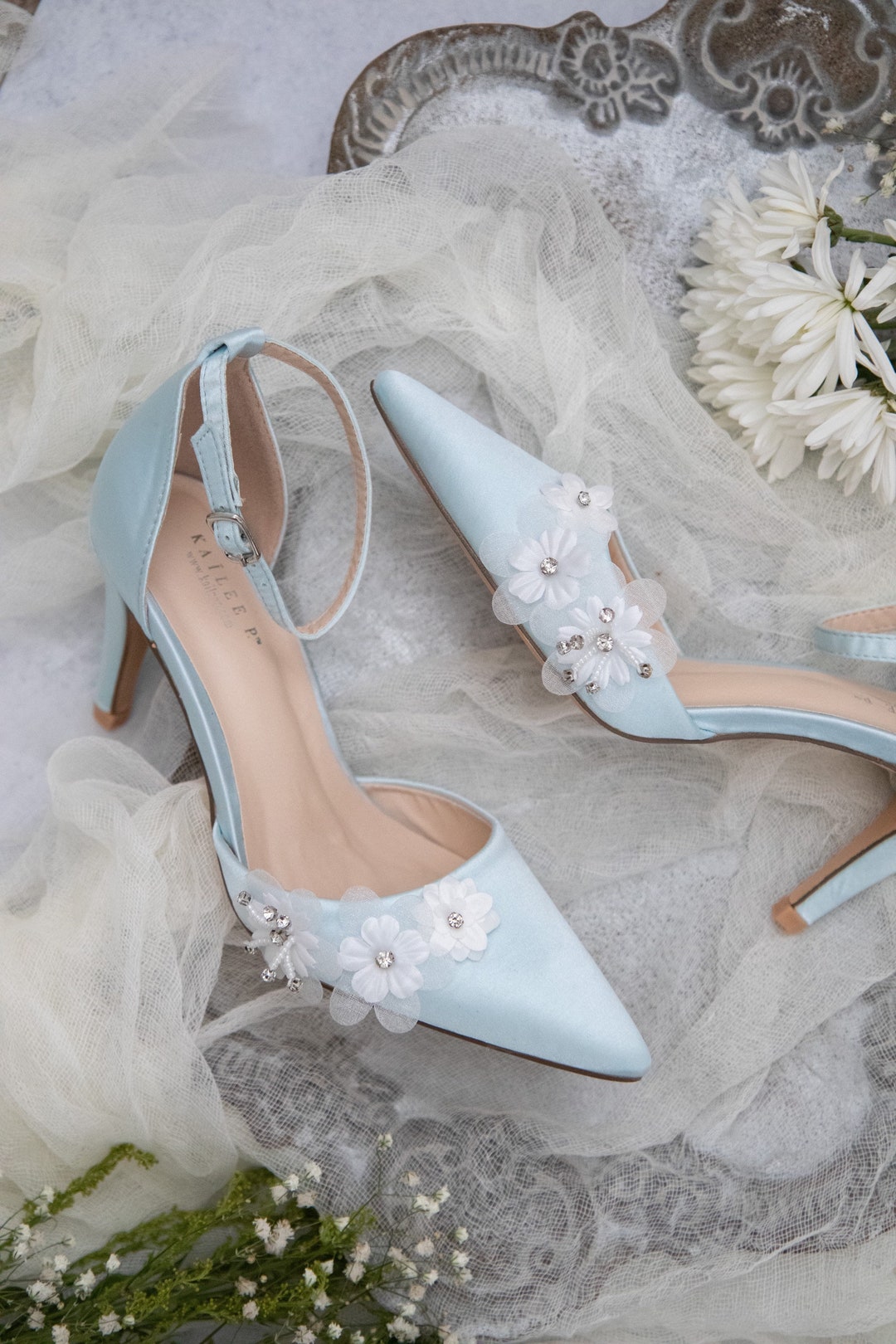 Light Blue Satin Pointy Toe Heels With WHITE FLOWER APPLIQUES Wedding ...