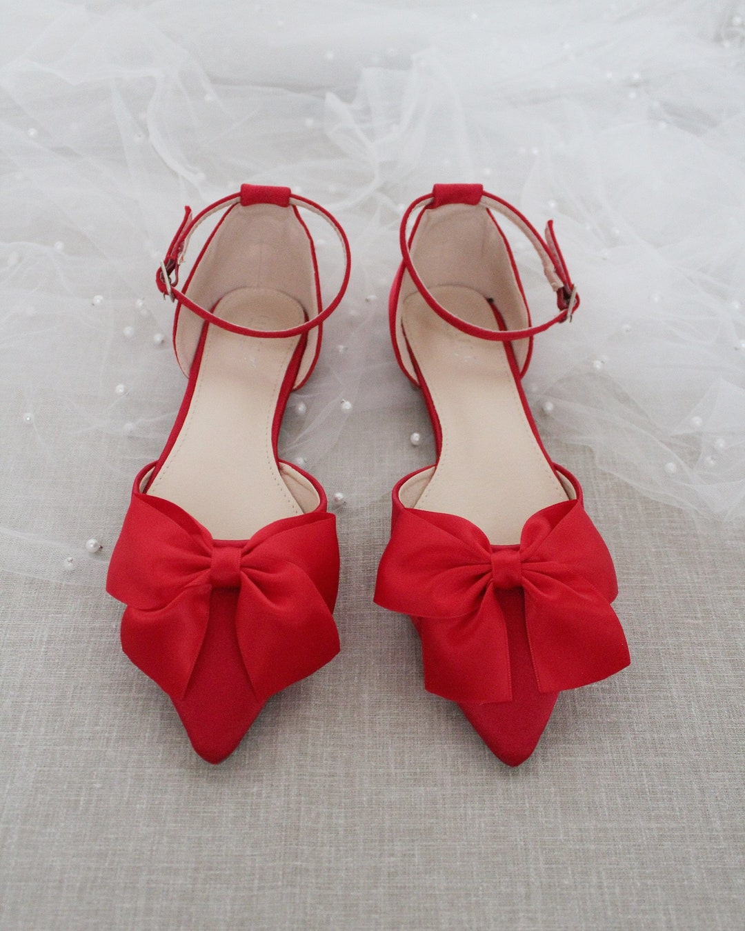 Red Satin Pointy Toe Flats With Front Satin Bow, Wedding Shoes, Bride ...