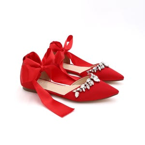 Red Satin Pointy Toe Flats With Sparkly TEARDROP RHINESTONES, Fall ...