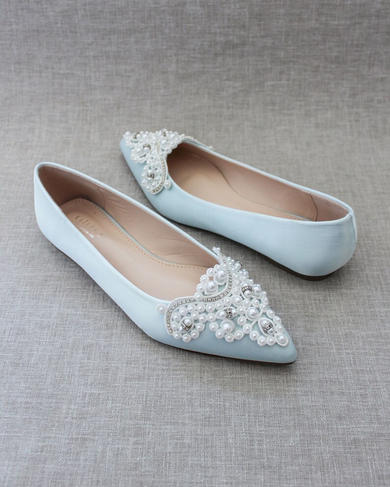 Light Blue Satin Pointy Toe Flats With OVERSIZED PEARLS - Etsy