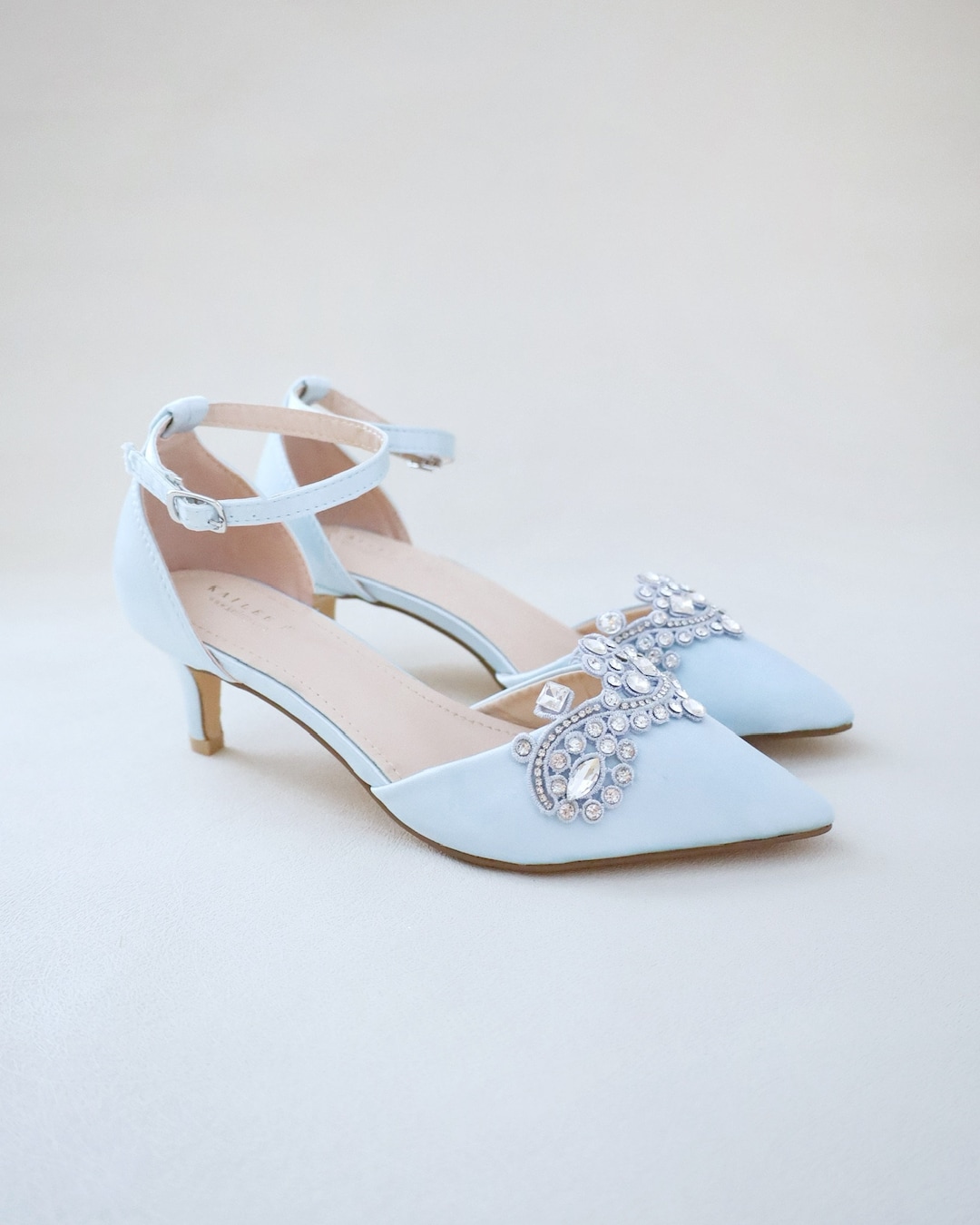 Light Blue Satin Pointy Toe Low Heels With Small Rhinestones Applique ...