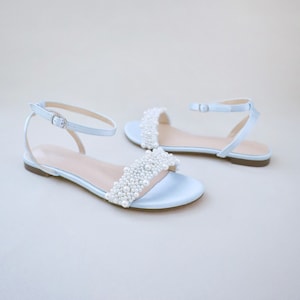 Light Blue Satin Flat Sandal With Perla Applique, Bridesmaid Shoes ...