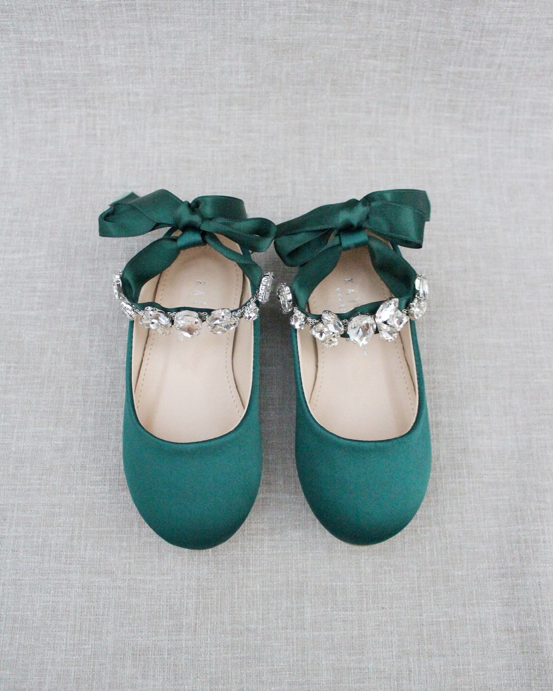 Hunter Green Satin Flats With Navette Ankle Strap, Fall Girls Shoes ...