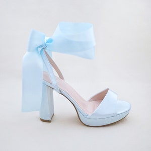 Light Blue Satin Platform Block Heel Wedding Sandals With Wrapped Ankle ...