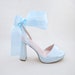 Light Blue Satin Platform Block Heel Wedding Sandals With Wrapped Ankle ...