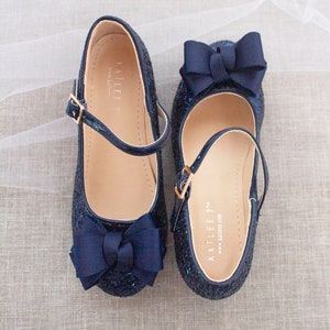NAVY Rock Glitter Mary Jane Heel With Grosgrain Bow, Flower Girl Shoes ...